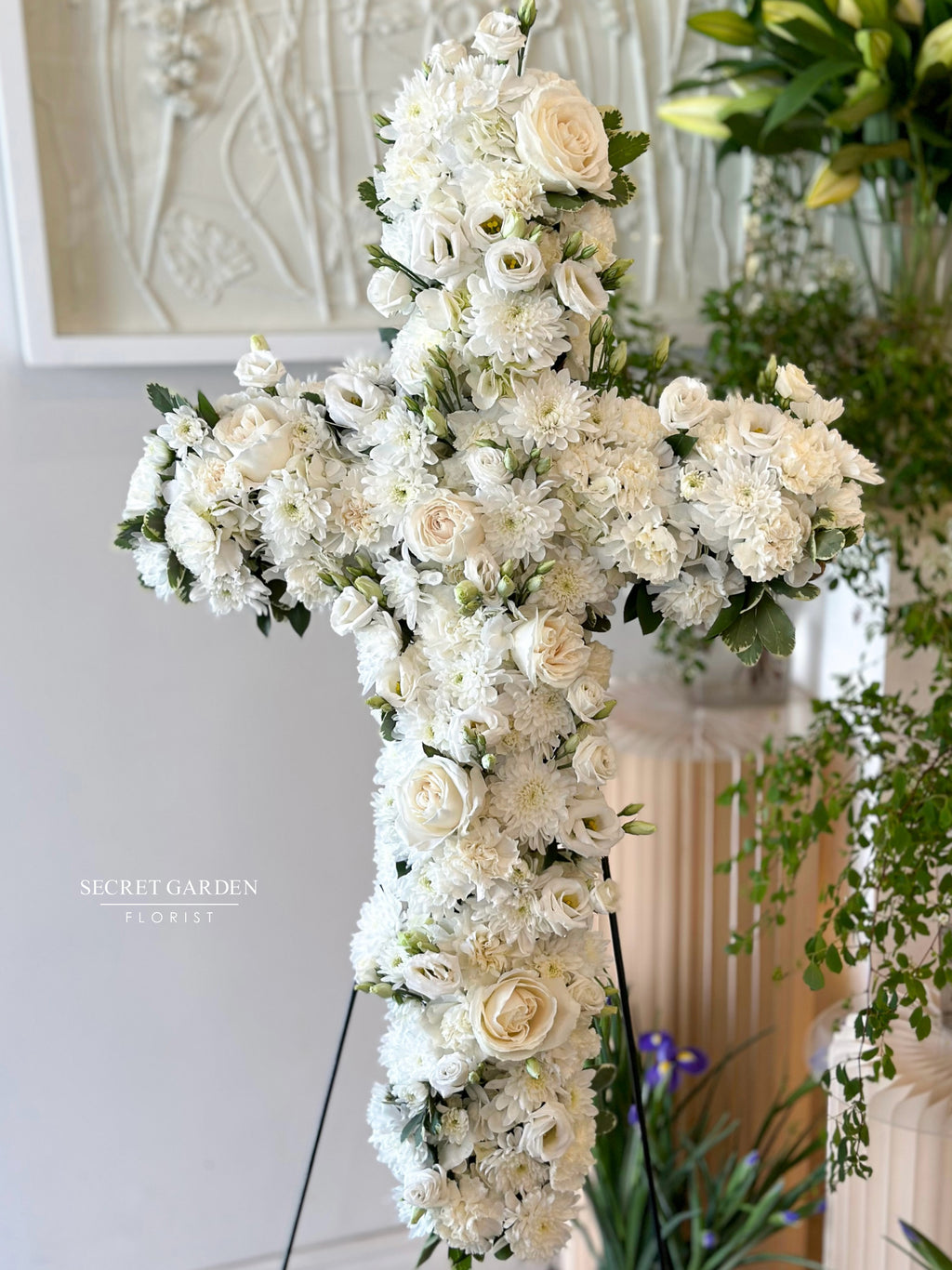 Graceful Cross Standing Spray – Secret Garden Flower Design